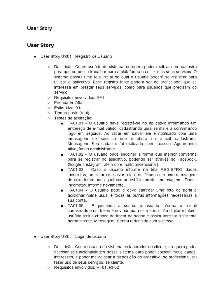 User Stories para Registro, Login e Manutenção de Usuários em uma ...