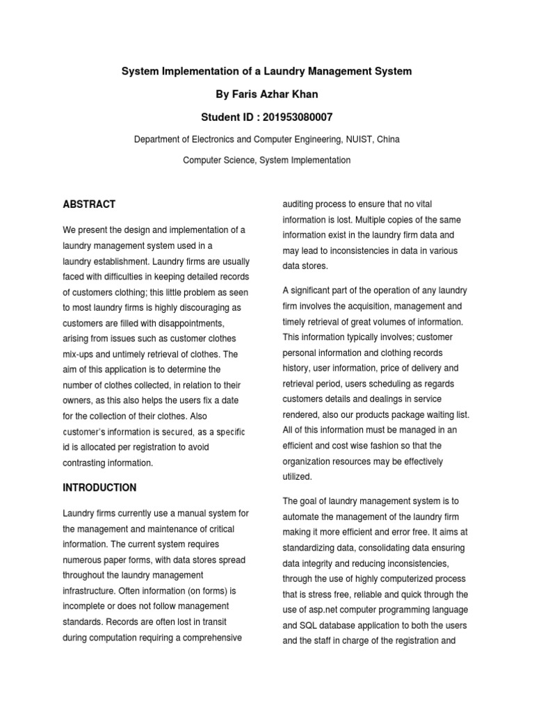 System Implementation of A Laundry Management System by Faris Azhar ...