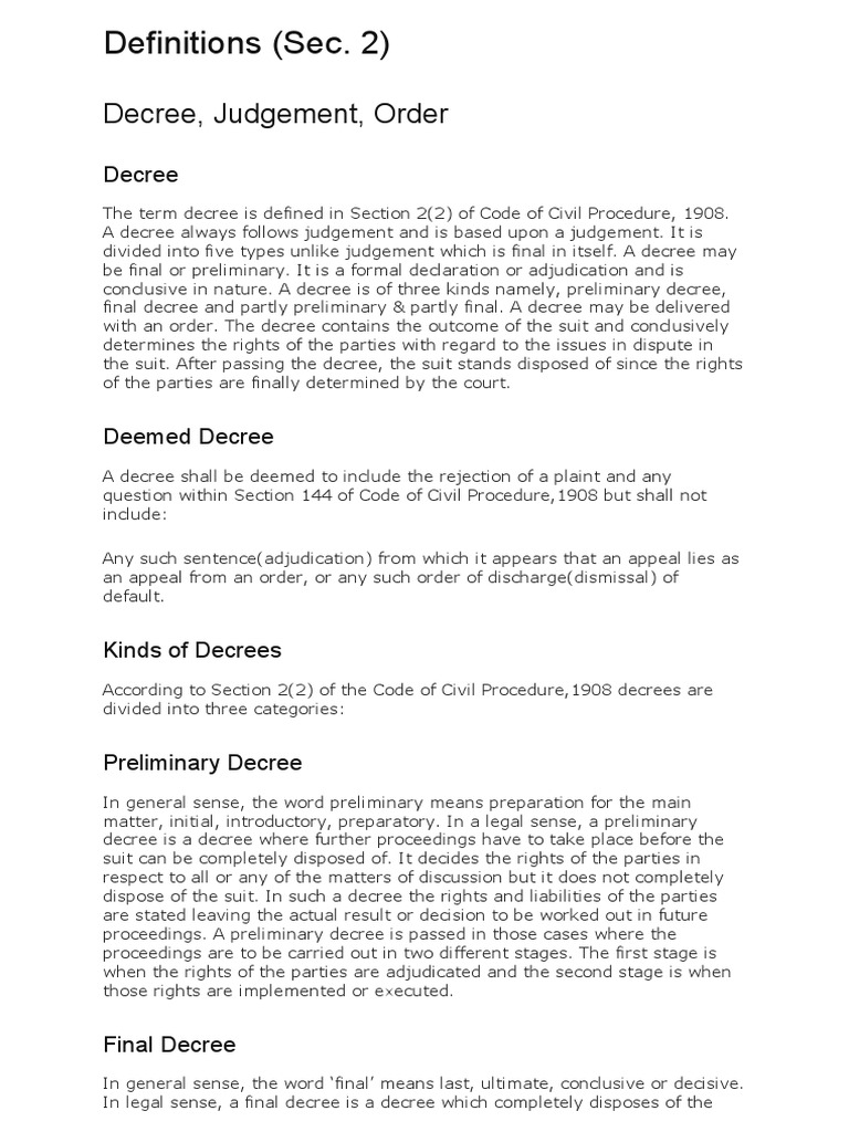Definitions (Sec. 2) : Decree, Judgement, Order | PDF | Judgment (Law ...