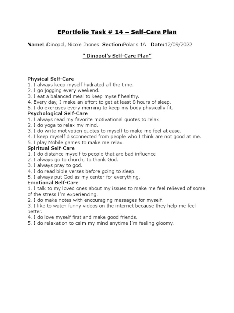 Eportfolio Task # 14 - Self-Care Plan | PDF
