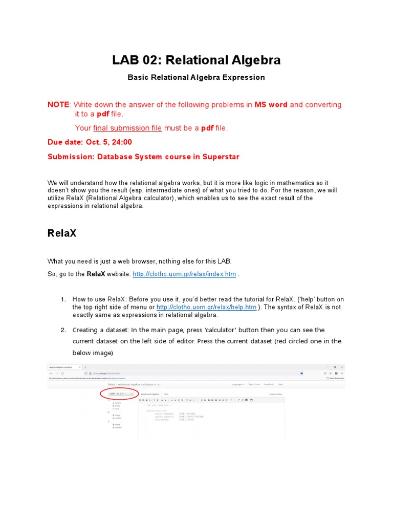 Relational Algebra Lab: Exploring Relational Algebra Expressions Using an Online Tool | PDF ...