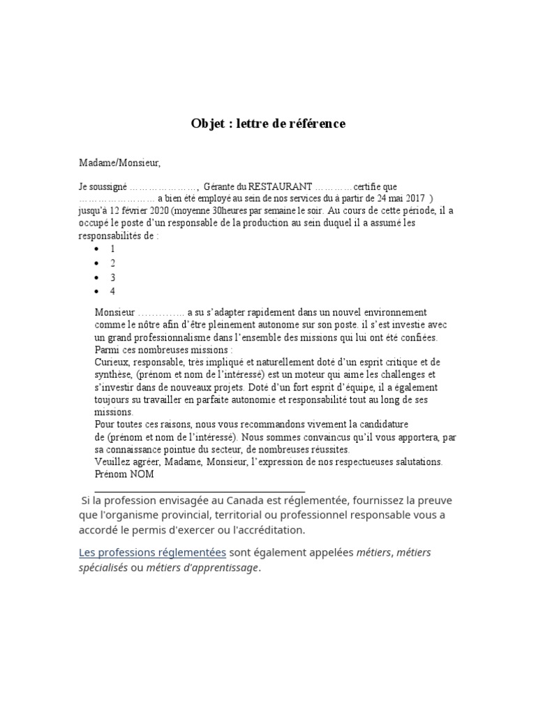 Lettre de référence professionnelle | PDF