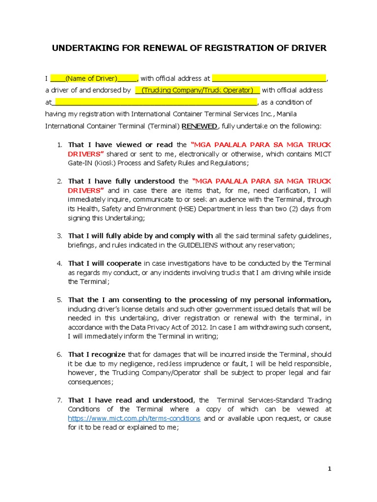 Undertaking For Renewal of Registration of Driver: "Mga Paalala para Sa Mga Truck Drivers" | PDF ...