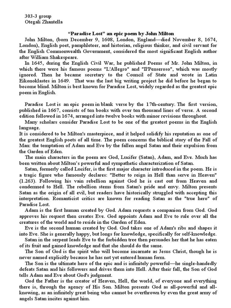 An Epic Poem by J Milton Paradise Lost | PDF | Paradise Lost ...