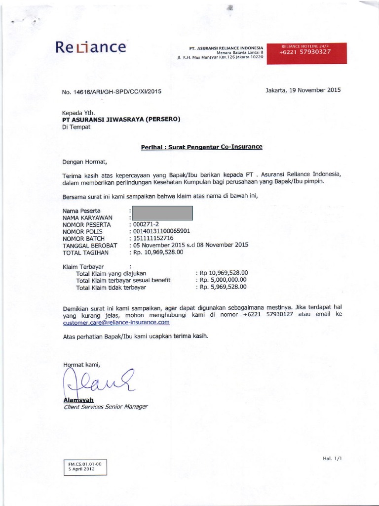 Surat Pemberitahuan Co-Insurance | PDF