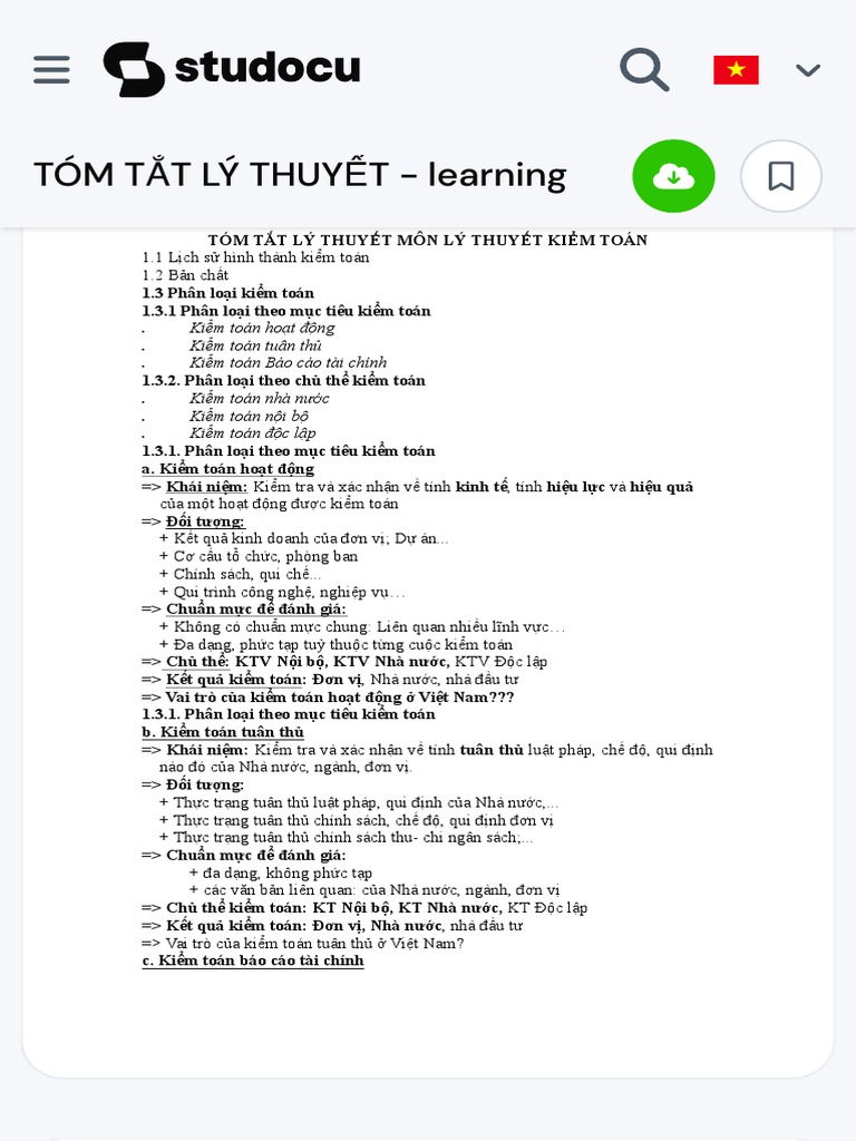 TÓM TẮT LÝ THUYẾT - learning - TÓM TẮT LÝ T MÔN LÝ THUYẾT KIỂM TOÁN 1 Lịch sử hình thành kiểm ...