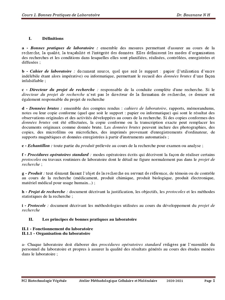 Cours 1 Bonne Pratiques Au Laboratoire m2 Biotechnologie | PDF | Expérience