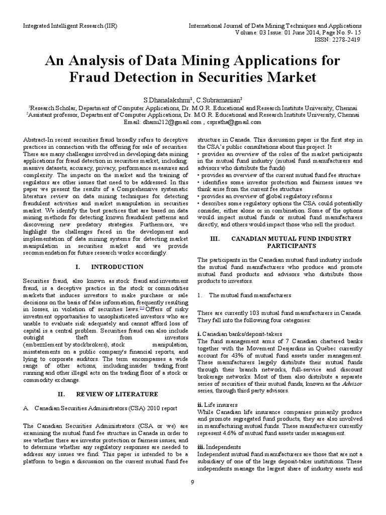 An Analysis Of Data Mining Applications For Fraud Detection In Securities Market Pdf Cluster