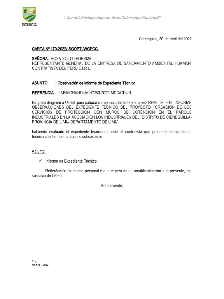 Carta #170-Remito Informe de Observaciones | PDF Carta #170-Remito Informe de Observaciones | PDF