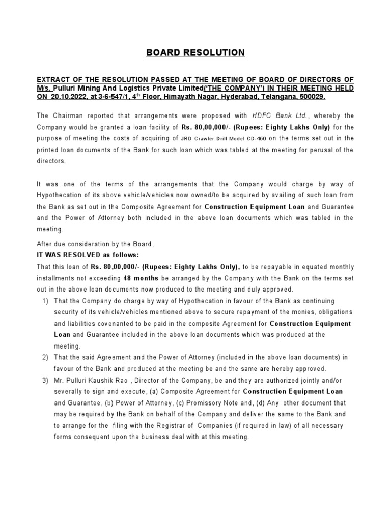 Board Resolution Format (Boom Pump) | PDF | Loans | Guarantee