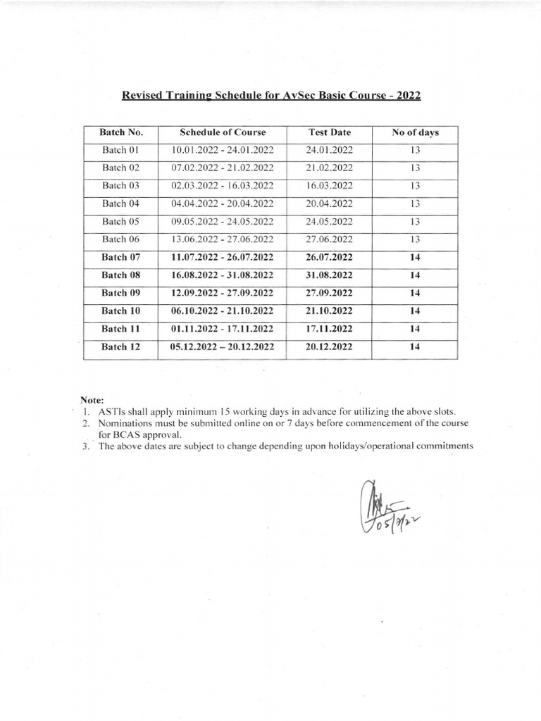 Revised Training Schedule For Avsec Basic Course 2022-1 | PDF ...