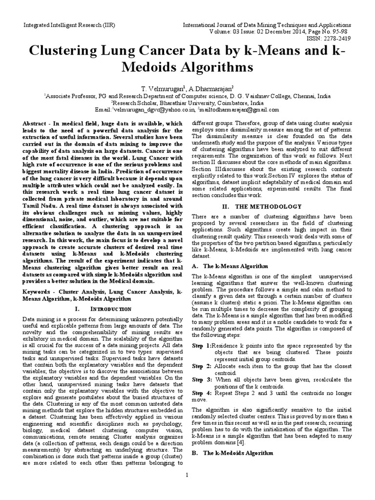 Clustering Lung Cancer Data by K-Means and K-Medoids Algorithms | PDF ... Clustering Lung Cancer Data by K-Means and K-Medoids Algorithms | PDF ...