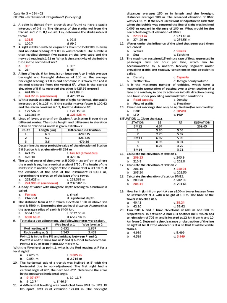 Analysis of Surveying Quiz Questions Regarding Leveling, Angles ...