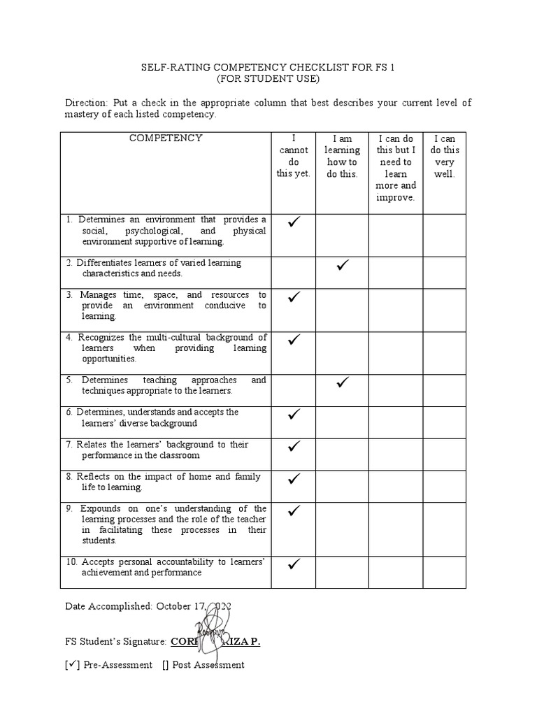 FS 1 Competency Self-Assessment Checklist | PDF | Educational Assessment | Learning