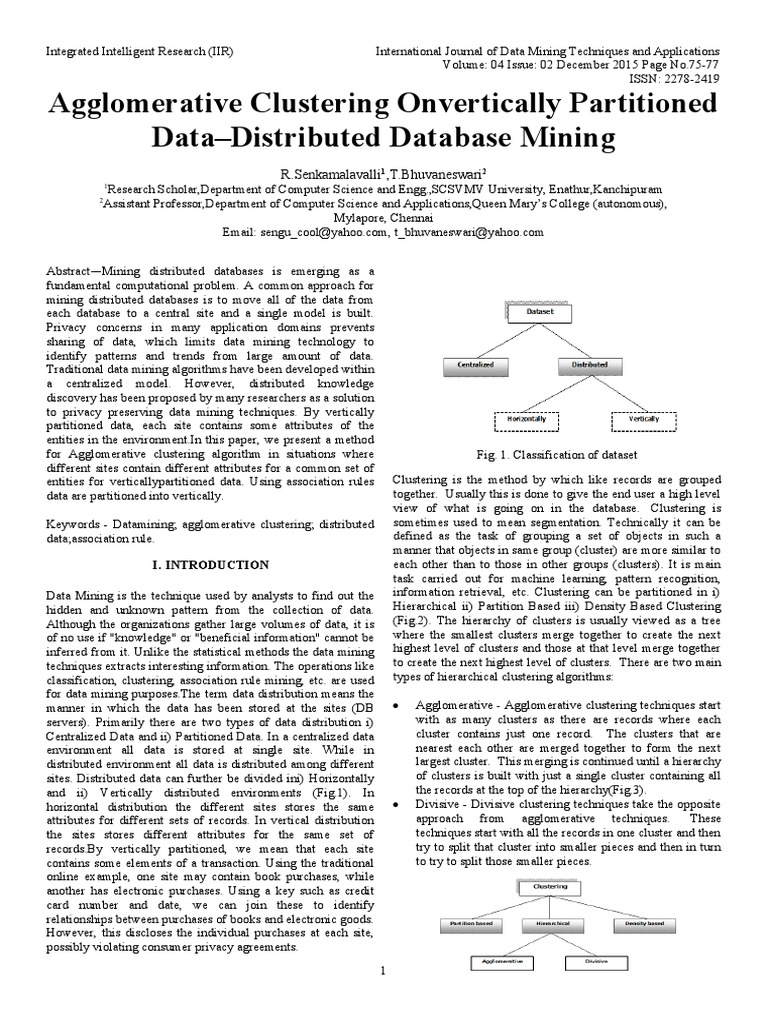 Agglomerative Clustering Onvertically Partitioned Data Distributed Database Mining Pdf