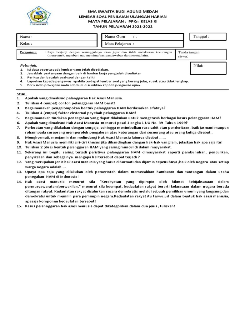 Soal Ulangan PPKn Kelas XI: Pelanggaran HAM | PDF | Ilmu Sosial