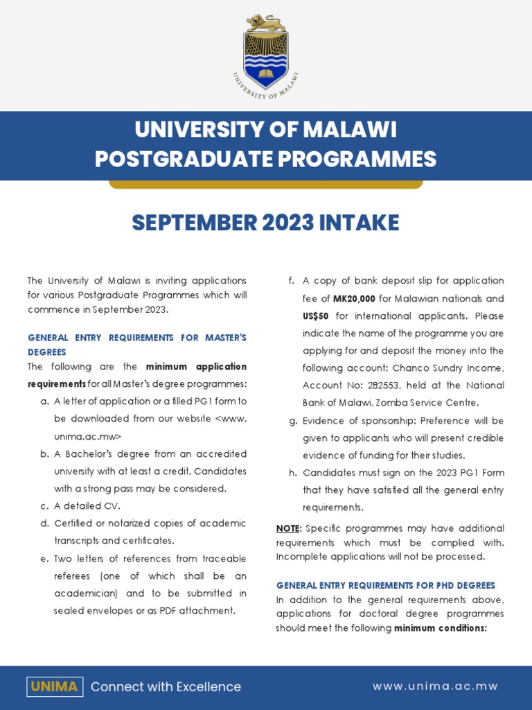 UNIMA Postgraduate Programmes September 2023 Intake | PDF | Academic Degree | Master's Degree