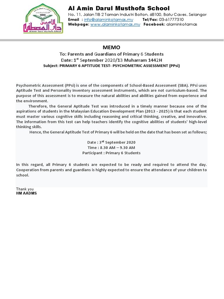 Memo Ujian Aptitud Tahun 6 | PDF