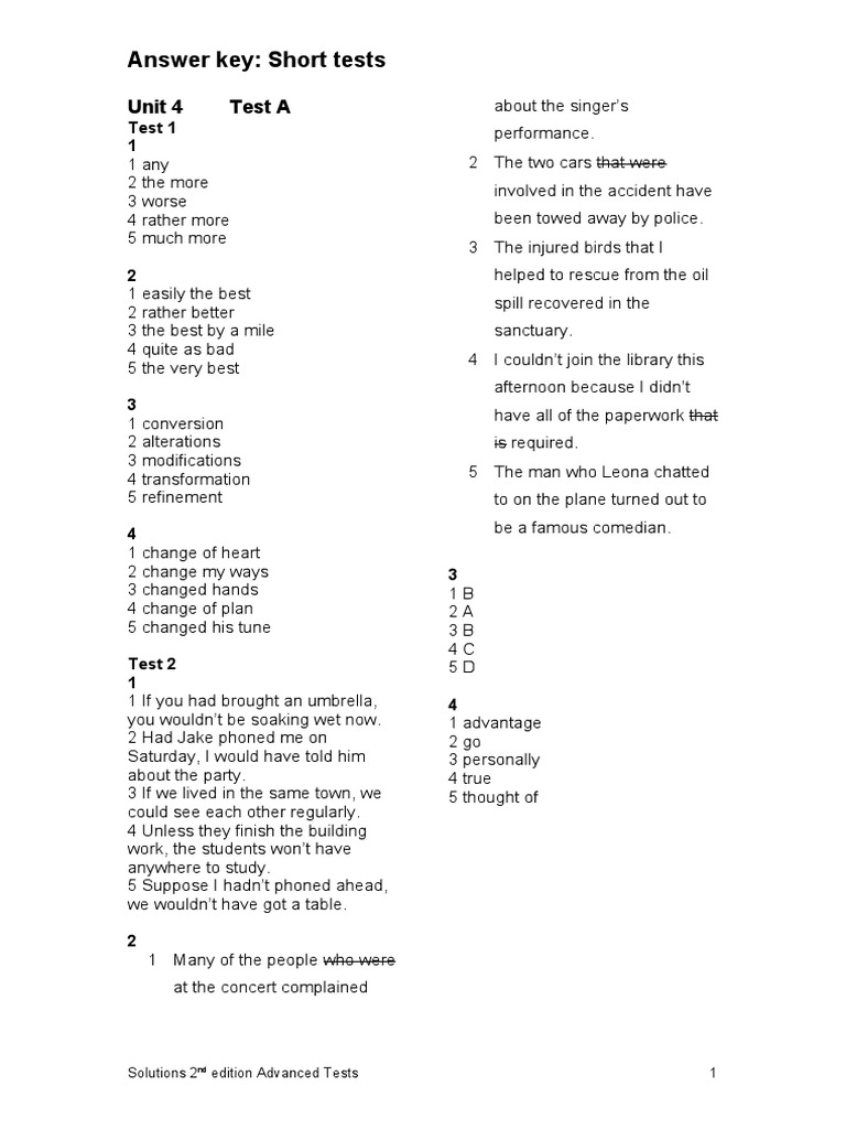Short Test Unit 4 1A+2A Key | PDF