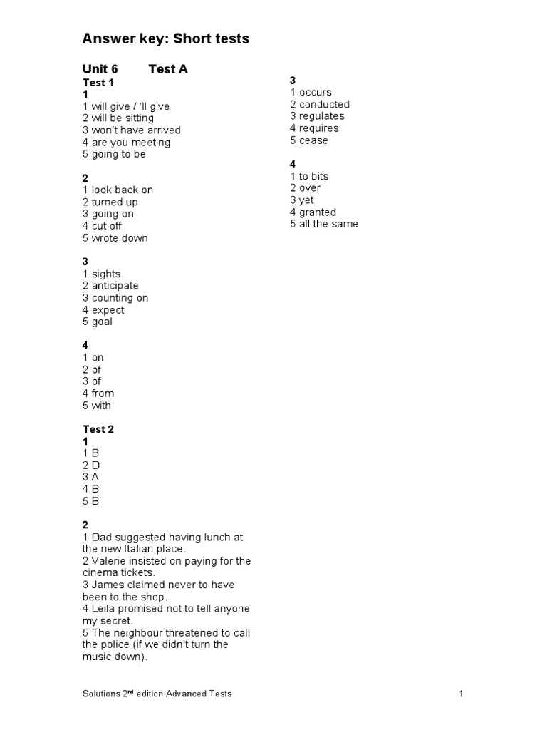 Short tests answer key Unit 6 Tests A and B | PDF