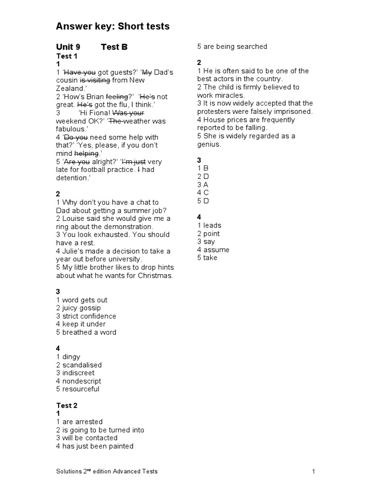 Short Test Unit 9 1B+2B Key | PDF