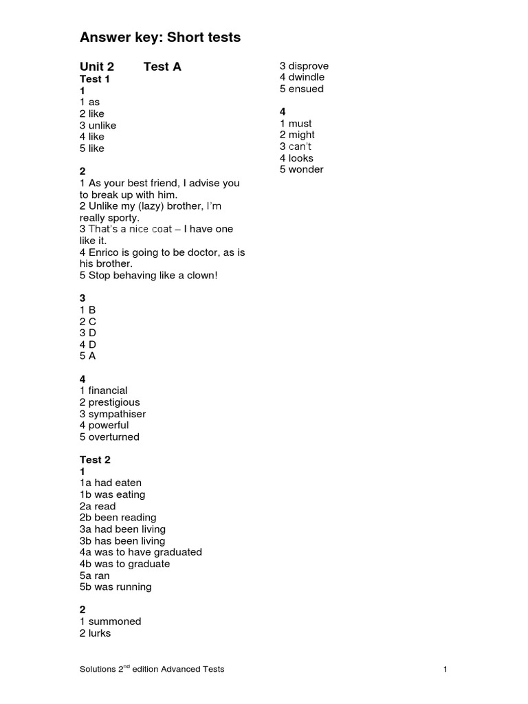 Short Test Unit 2 1A+2A Key | PDF