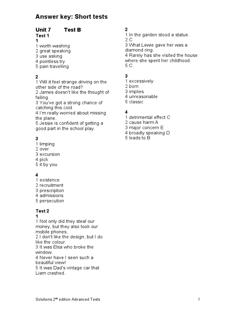Short Test Unit 7 1B+2B Key | PDF