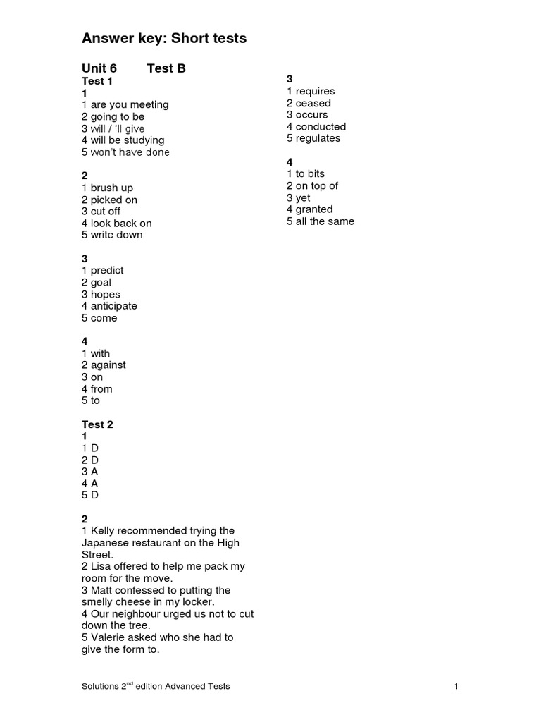 Key to Short Tests on Grammar, Vocabulary, and Language Functions from ...