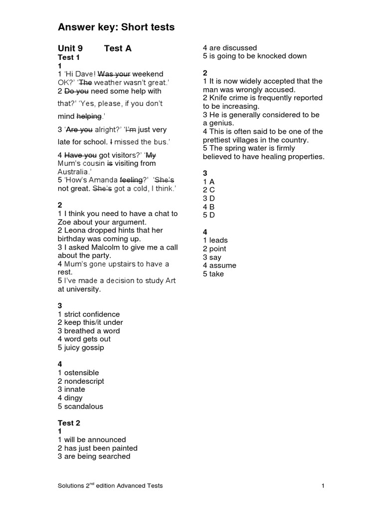 Short Test Unit 9 1A+2A Key | PDF