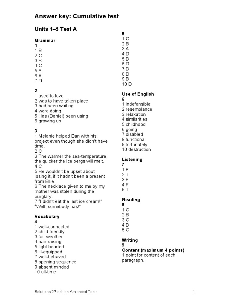 Cumulative Test 1-5A Key | Download Free PDF | Linguistics | Cognition