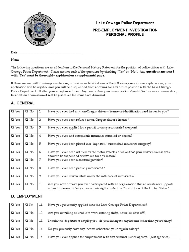 Lake Oswego Police Department Pre-Employment Investigation Personal ...