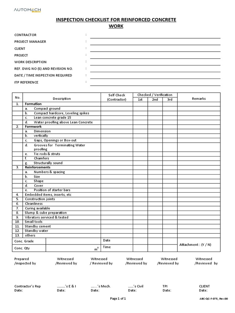 F-075-Check List For Reinforced Concrete Work | PDF