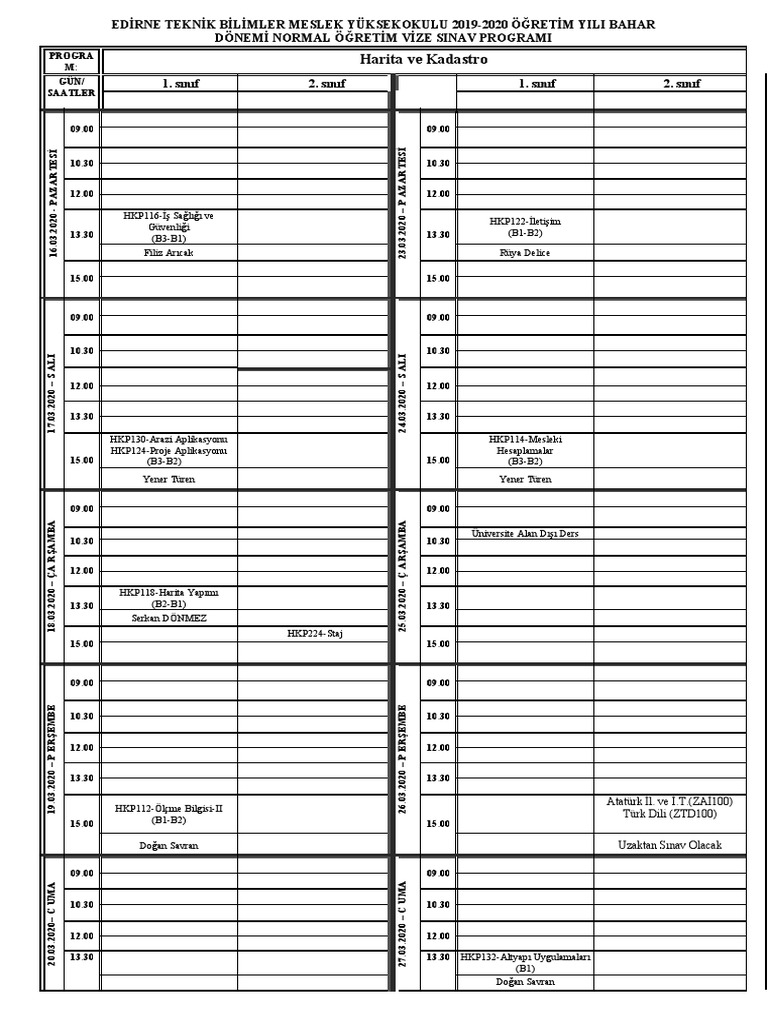 2019 2020 Harita Programi Bahar Ara Sinav Programi | PDF
