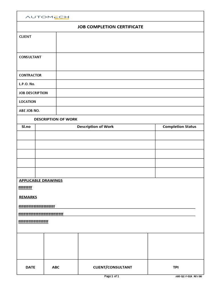F-019 JOB COMPLETION CERTIFICATE | PDF