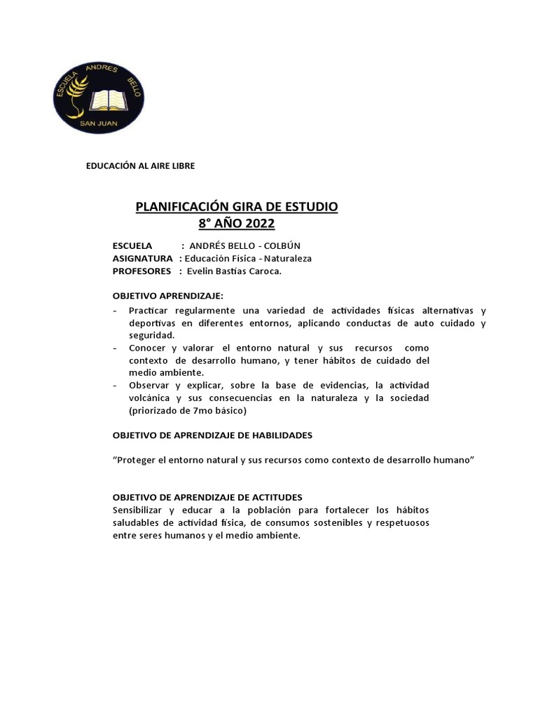 Planificación Gira de Estudio. | PDF | Aprendizaje | Entorno natural