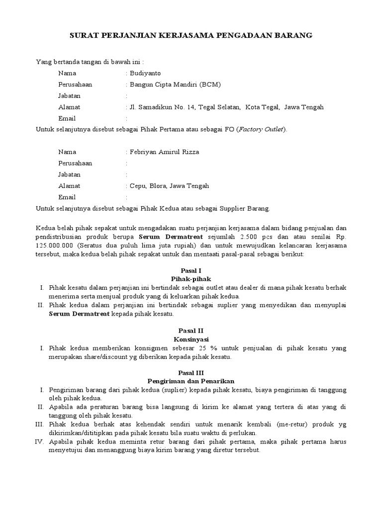 Surat Perjanjian Pengadaan Barang | PDF