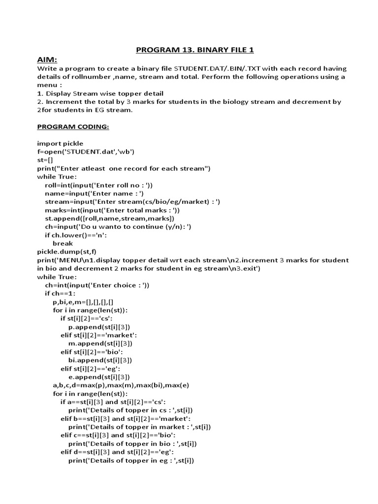 Program 13. Binary File 1 Aim | PDF | Computer Programming | Computer ...