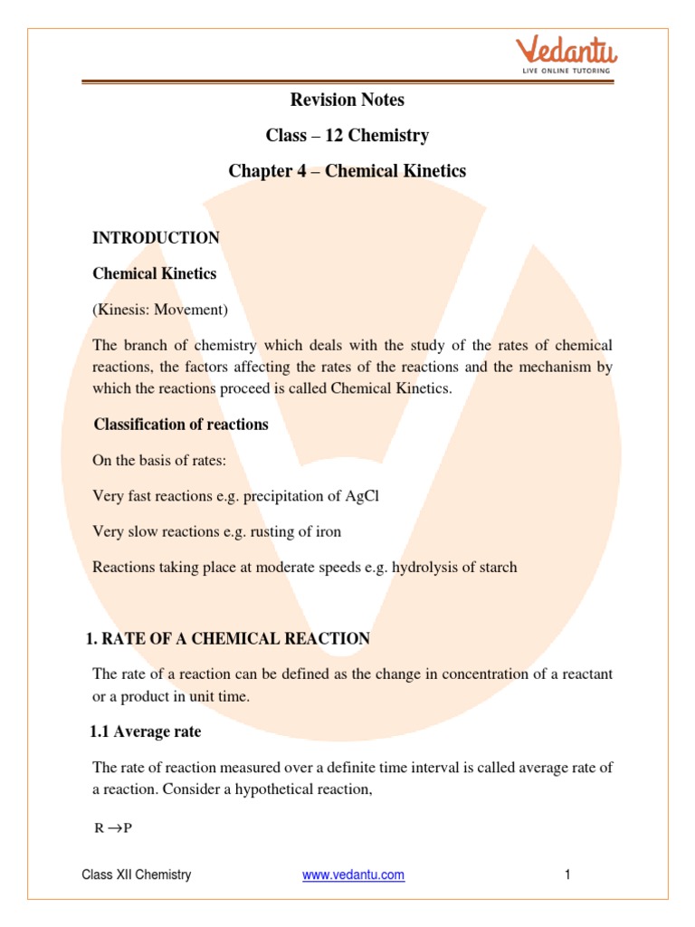 Class 12 Chemistry Revision Notes Chemical Kinetics | PDF | Reaction ...