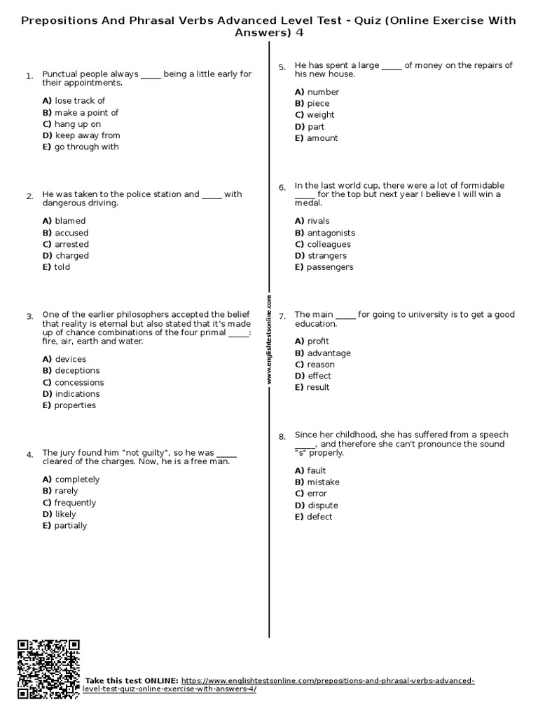 Advanced Prepositions and Phrasal Verbs Quiz | PDF