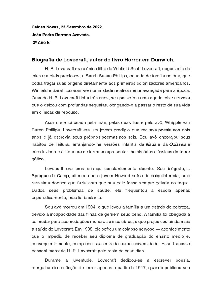 Biografia de H.P. Lovecraft, o autor de Horror em Dunwich | PDF | H.P ...