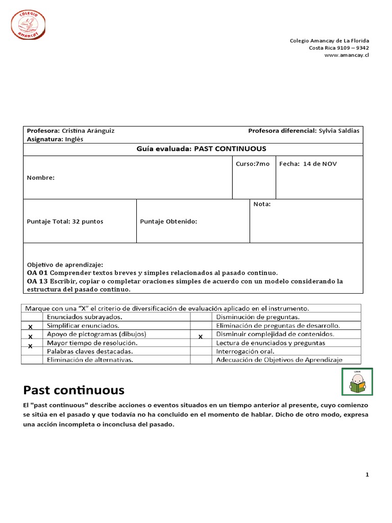 Guía Evaluada 7mo Past Continuous | PDF | Lingüística