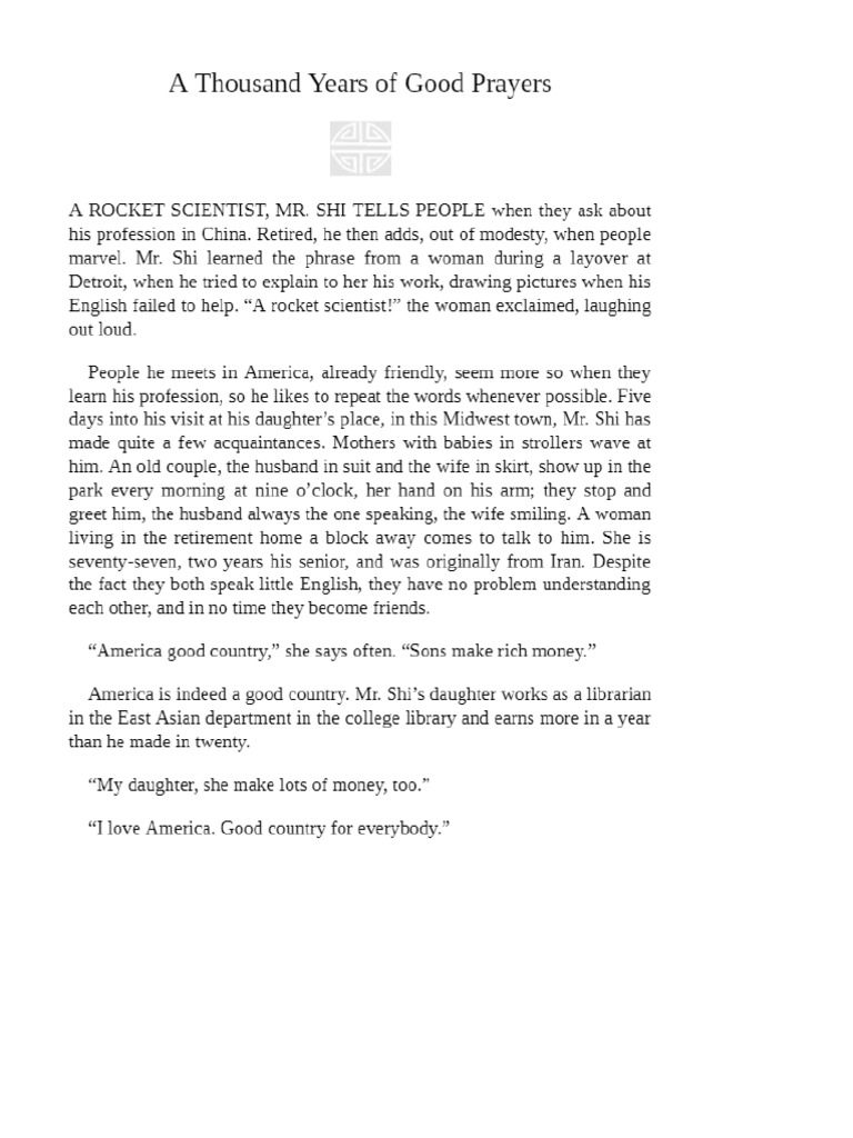 A Thousand Years of Good Prayers Story | PDF