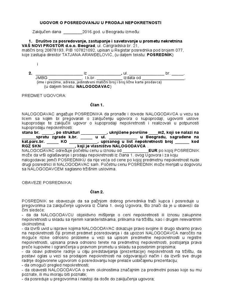 Ugovor o Posredovanju U Prodaji Nekretnine | PDF
