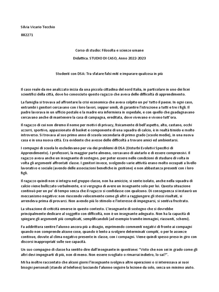 Studenti Con Dsa, Studio Di Caso DIDATTICA | PDF