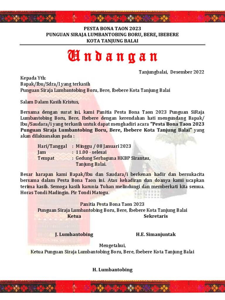 Undangan Pesta Bona Taon 2023 | PDF