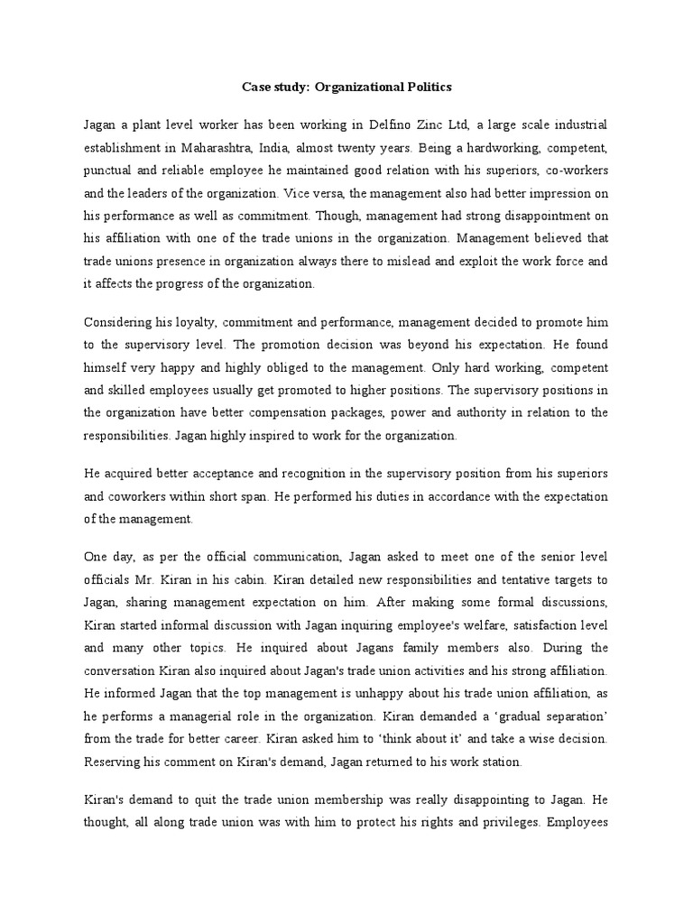 Case Study - Organizational Politics | PDF | Trade Union | Employment