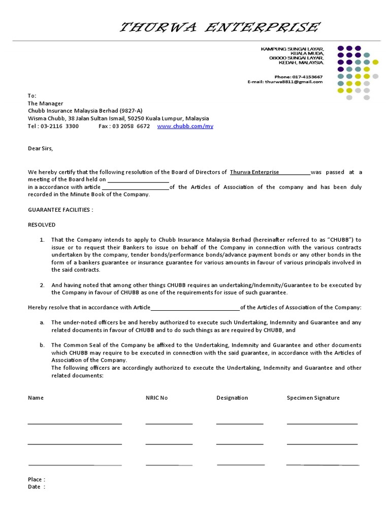 Resolution CHUBB Format (Bond) | PDF | Finance & Money Management