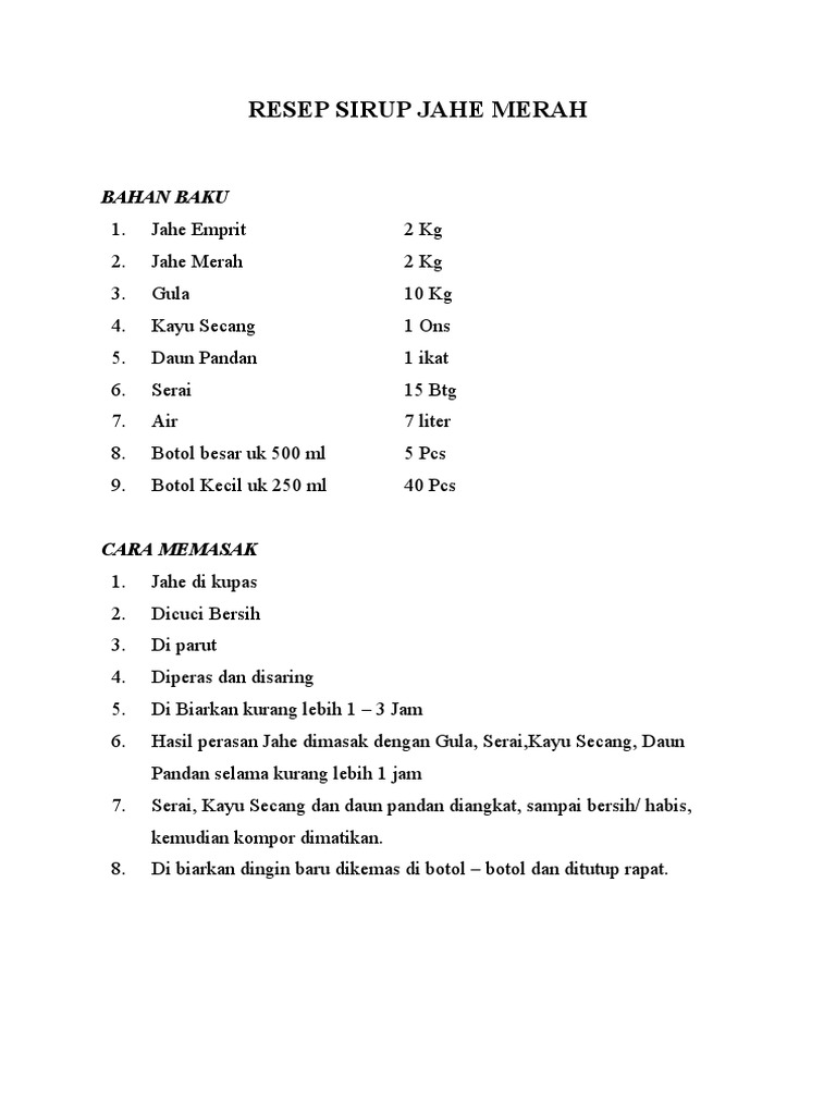 Resep Sirup Jahe Merah | PDF | Memasak, Makanan, & Anggur