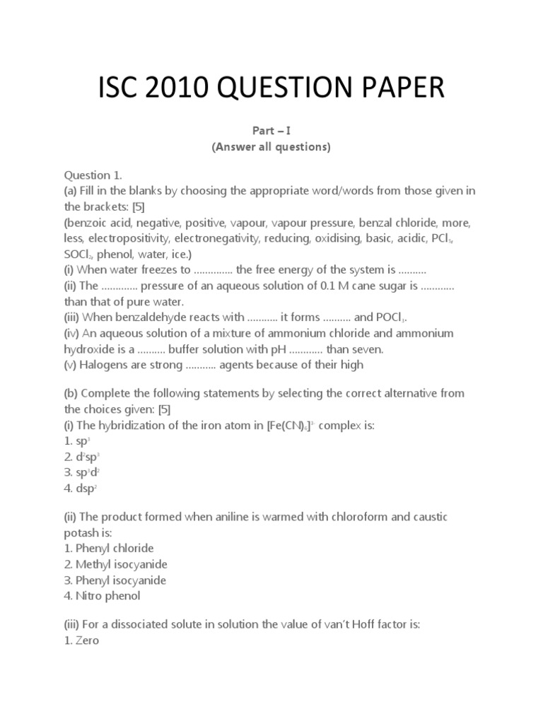 Isc 2010 Question Paper Chemistry | PDF | Physical Chemistry | Chemical ...