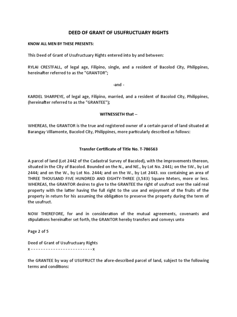 Deed of Grant of Usufructuary Rights | PDF | Deed | Land Lot